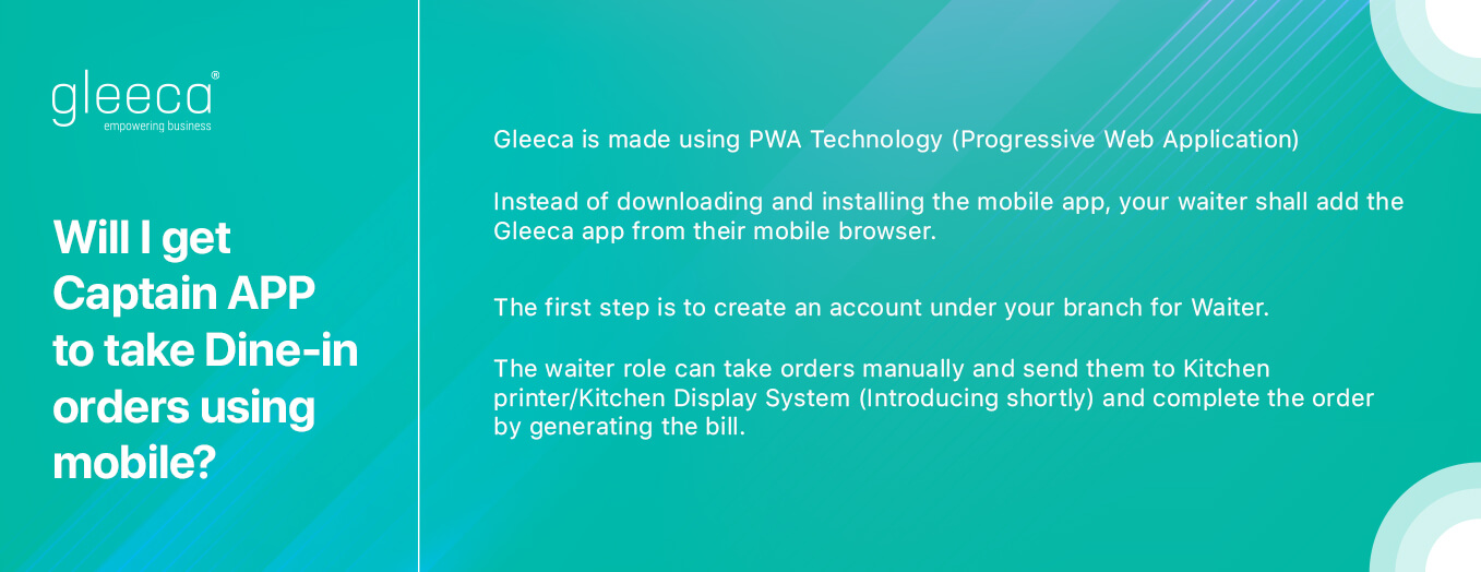 Will I get Captain APP to take Dine-in orders using mobile? - Gleeca